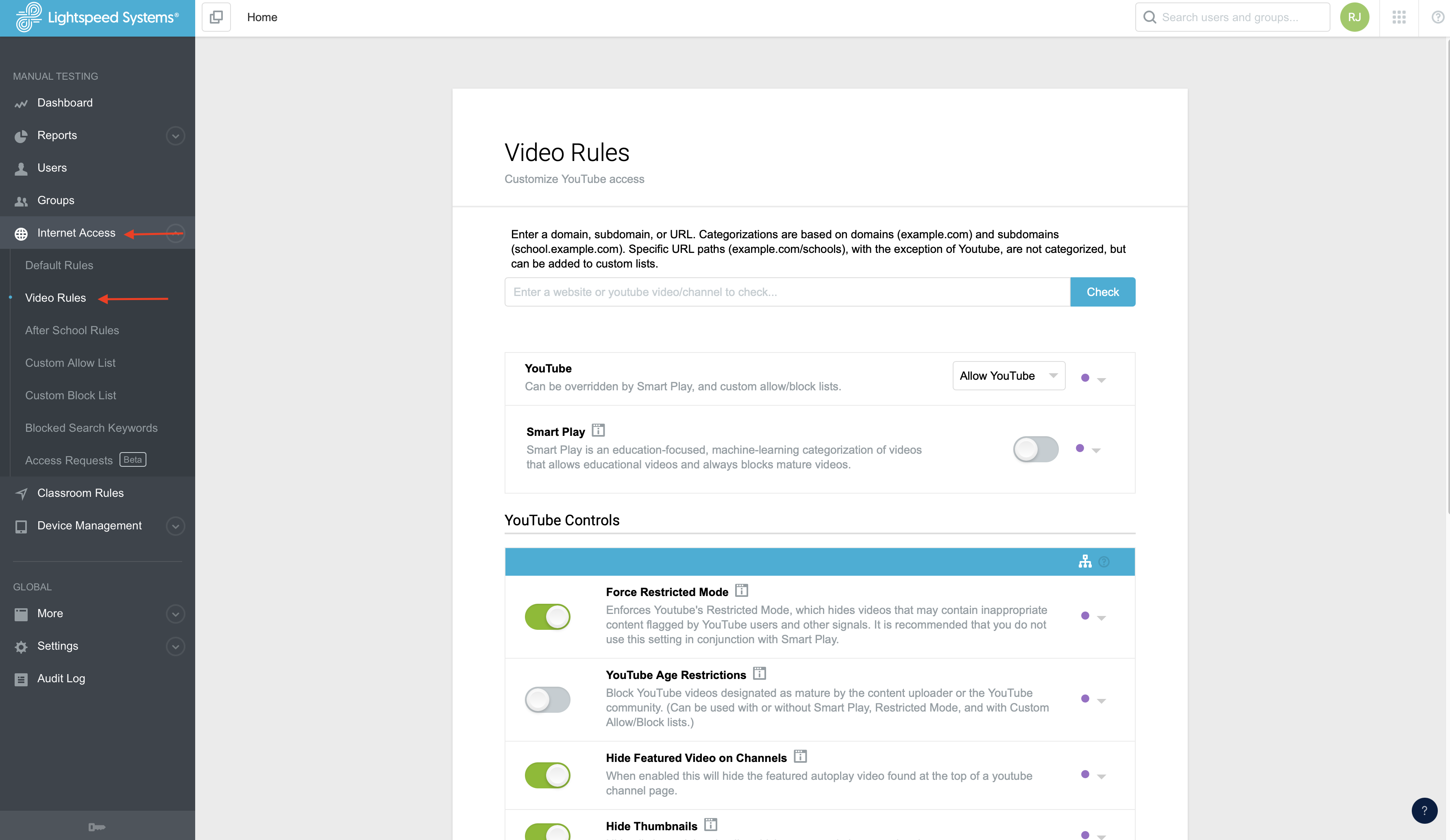 Lightspeed Filter - Internet Access - Video Rules